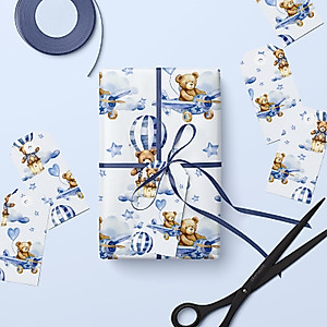 LeZakaa Gift Wrapping Paper Roll - Mini Roll - Blue Teddy Bear Hot Air Balloon Design for Baby Boy Birthday, Baby Shower - 17 inches x 32.8 Feet (46.45 sq.ft.)