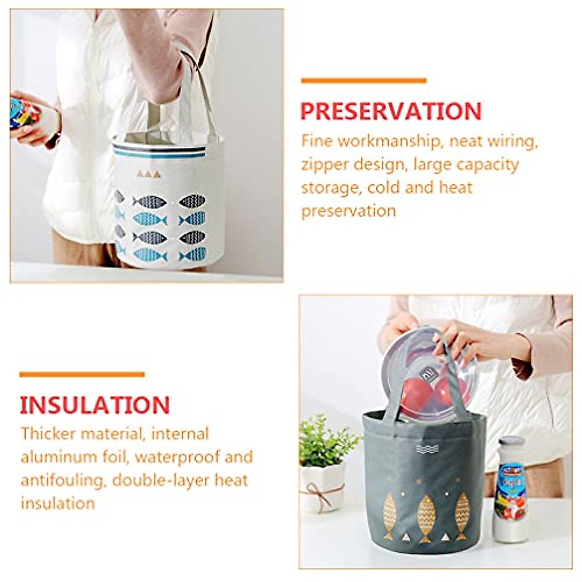 Cabilock 2pcs Lunch Tote Bag Oxford Portable Bento Bags Round Travel Insulated Lunch Cooler Bag Aluminum Foil Lunchbox Container for Picnic Camping School Office