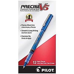 PILOT Precise V5 Stick Liquid Ink Rolling Ball Stick Pens, Extra Fine Point (0.5mm) Blue Ink, 12-Pack (35335)