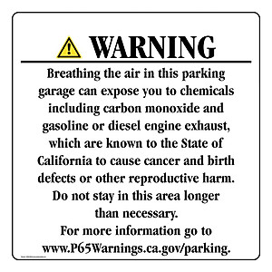 ComplianceSigns.com California Prop 65 Parking Garage Chemical Warning Sign, 20x20 inch Plastic for Chemical hazmat