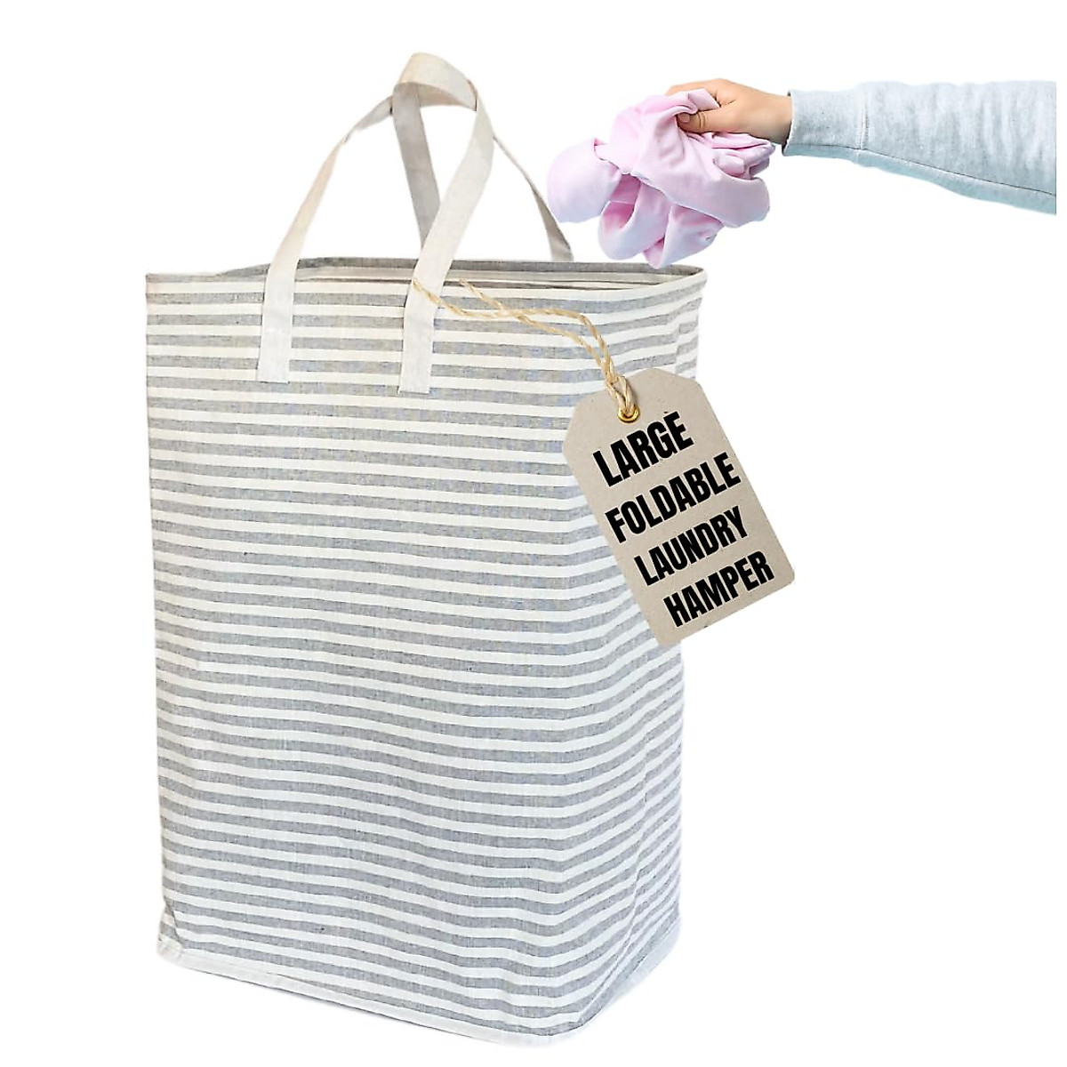 Evelots Large Laundry Hamper - Freestanding and Collapsible - Waterproof - Clothes, Toys Basket with Carry Handles - 80 Liters, 21 Gallon - Up to 4 Large Loads - Solid Wire Top Frame - Gray Striped