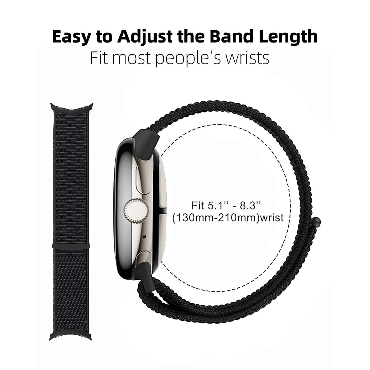 BlackPro Nylon Loop Compatible with Google Pixel Watch/Pixel Watch 2 Band with Upgraded Connector for Women Men, Adjustable Solo Loop Sport Straps Replacement band for Google Pixel Smartwatch