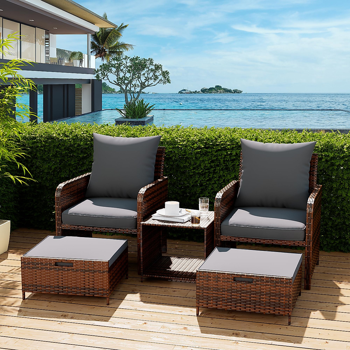 UDPATIO 5 Piece Patio Furniture Set, Outdoor Patio Conversation Rattan Chair with Ottomans w/Storage Coffee Table for Patio, Space Saving Design for Balcony Poolside Front Porch Deck, Navy