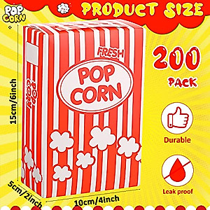 200 Count Carton Red and White Striped Popcorn Boxes Collapsible Popcorn Containers Disposable Popcorn Holders Bulk for Home Theater Carnival Movie Parties and Theater Night, 6 x 4 x 2 Inches