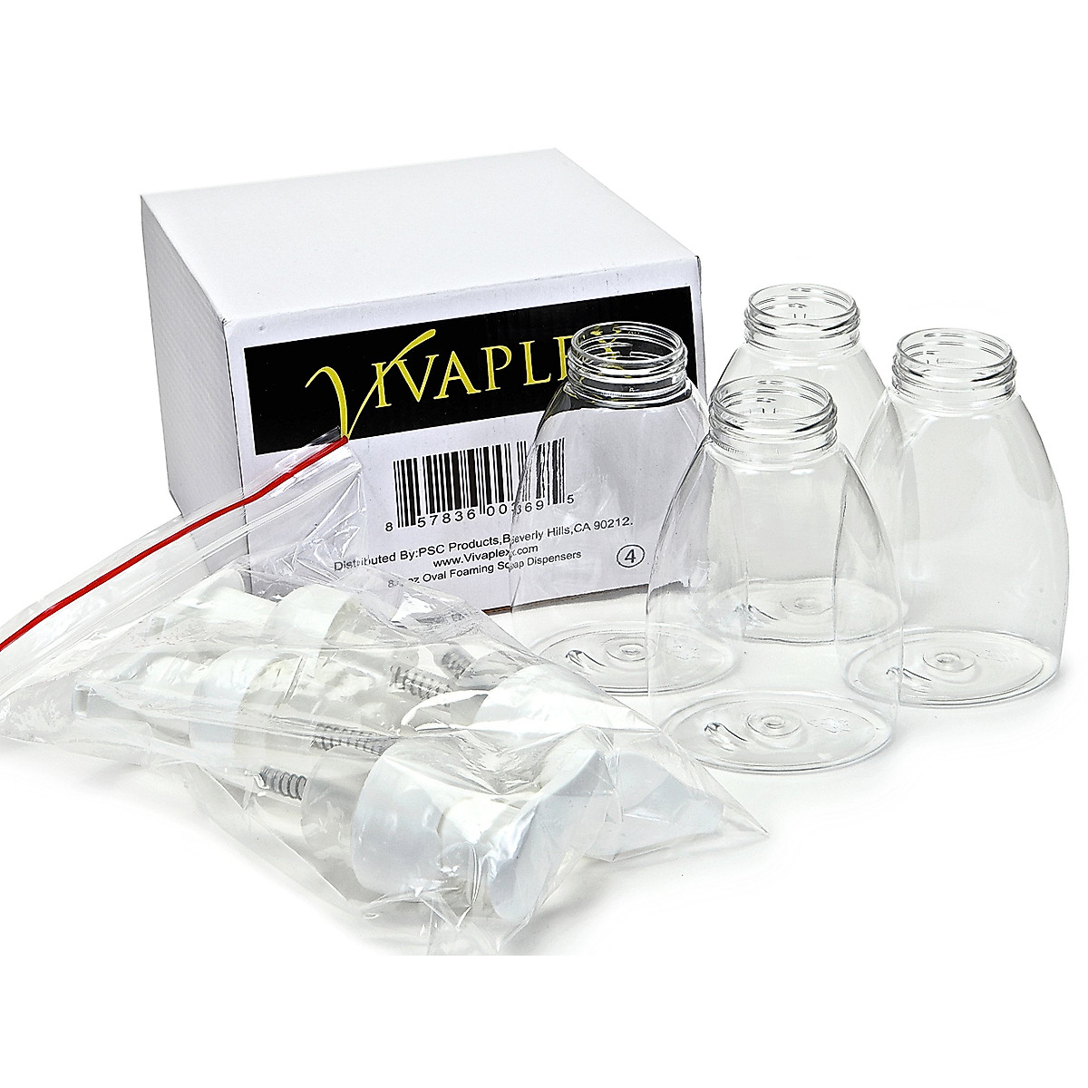 Vivaplex, 4, Clear, 8.5 oz (250 ml), Oval, Plastic Foaming Soap Dispensers, with White Pumps