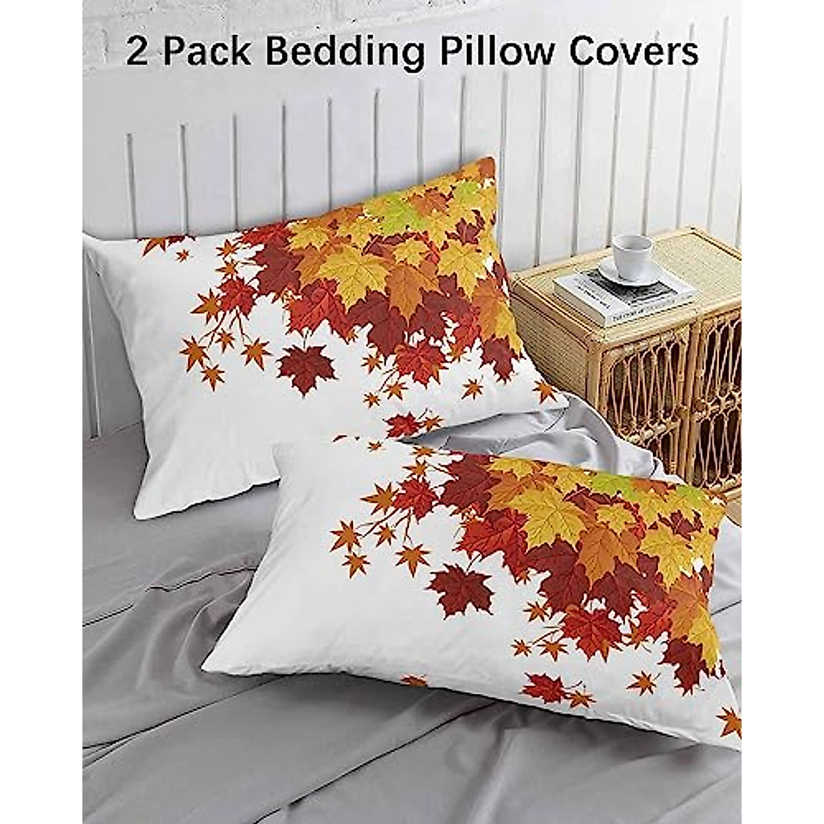 Edwiinsa Fallen Leaf Pillow Covers Standard Size Set of 2 Bed Pillow, Rustic Autumn Orange Ombre Maple Leaves Plush Soft Comfort for Hair/Skin Cooling Pillowcases with Envelop Closure 20''x26''