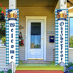Oktoberfest Welcome Banner Decorations, Blue and White Bavarian Flag Check Welcome Porch Sign Banner, Welcome Oktoberfest Door Banner Decorations for German Oktoberfest Beer Festival Party Supplies