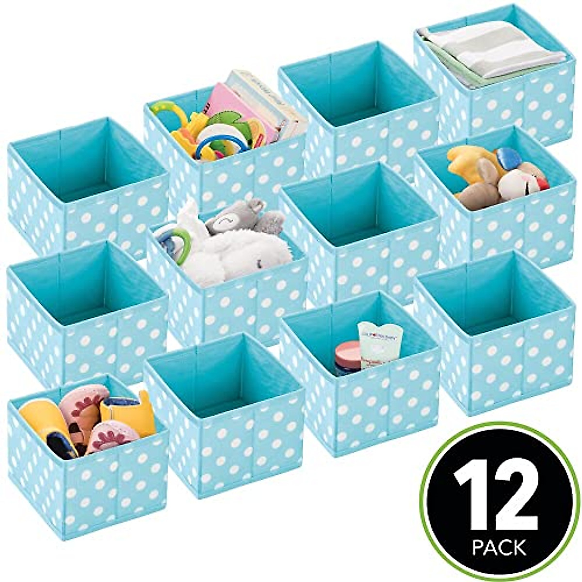 mDesign Soft Fabric Polka Dot Dresser Drawer and Closet Storage Organizer, Bin for Child/Kids Room, Nursery, Playroom, Bedroom, 12 Pack - Turquoise Blue/White