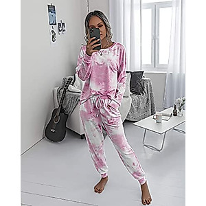 PRETTYGARDEN Women's Tie Dye Two Piece Tracksuit Set Long Sleeve Sweatshirt with Long Pants (Pink,Small)