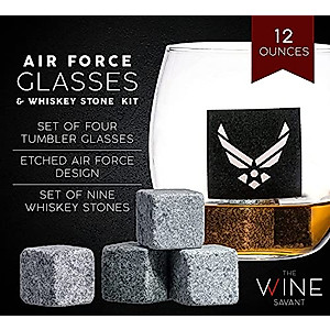Father's Day Whiskey Decanter Set with 4 Liquor Glasses Air Force Whisky Decanter & Glass Set with Wood Base & 9 Whiskey Stones - US Airforce Gifts for Men - Globe Bourbon & Scotch Gifts for Dad