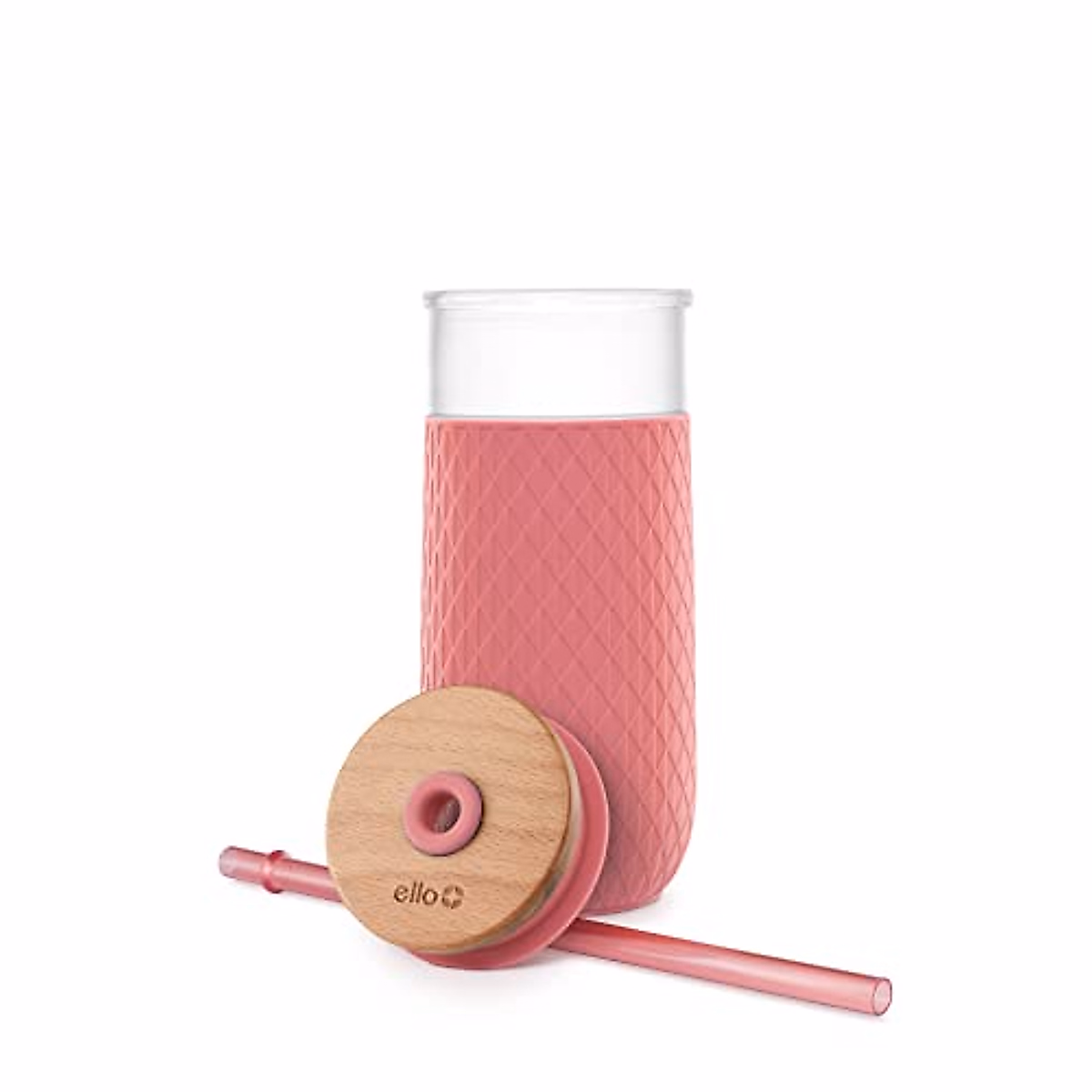 Ello Devon Glass Tumbler with Splash Proof Wooden Lid and Straw, Protective No Sweat Silicone Sleeve, Perfect for Smoothies and Iced Coffee, BPA Free, Dishwasher Safe, Multicolor, 18oz