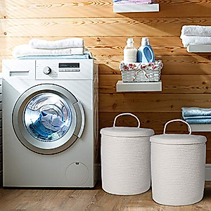 Cotton Rope Storage Basket with Lid | Large Woven Baskets and Handles 15" x 13" | for Nursery, Laundry, White Round Hamper, Home Living Room Floor, Toy Organizing bins, Blanket, Pillow and Big