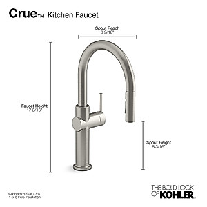 KOHLER 22972-BL Crue Pull Down Kitchen Faucet, Kitchen Sink Faucet with Pull-Down Sprayer, Pull-Down Kitchen Sink Faucet with Multi Function Spray Head, Matte Black