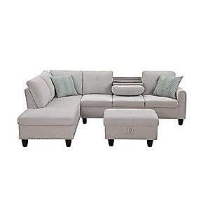 L Shaped Modular Sectional Sofa with Chaise Lounge and Storage Ottoman , Reversible Sleeper Corner Couch w/ Drop Down Backrest & Cupholders ,5 Seaters Linen Upholstered Lounge Sofá for Living Room