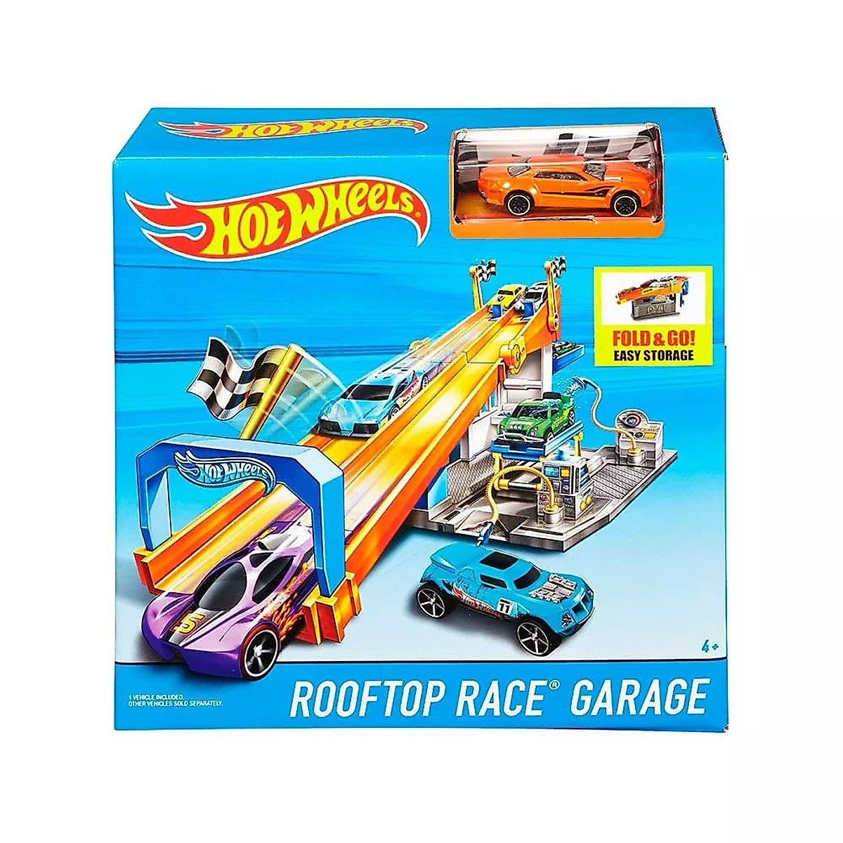 Hot Wheels Rooftop Race Garage Playset, Toy Car Racetrack with Gas Station Playset, Folds for Convenient Storage, Toy for Kids 4 Years Old & Up