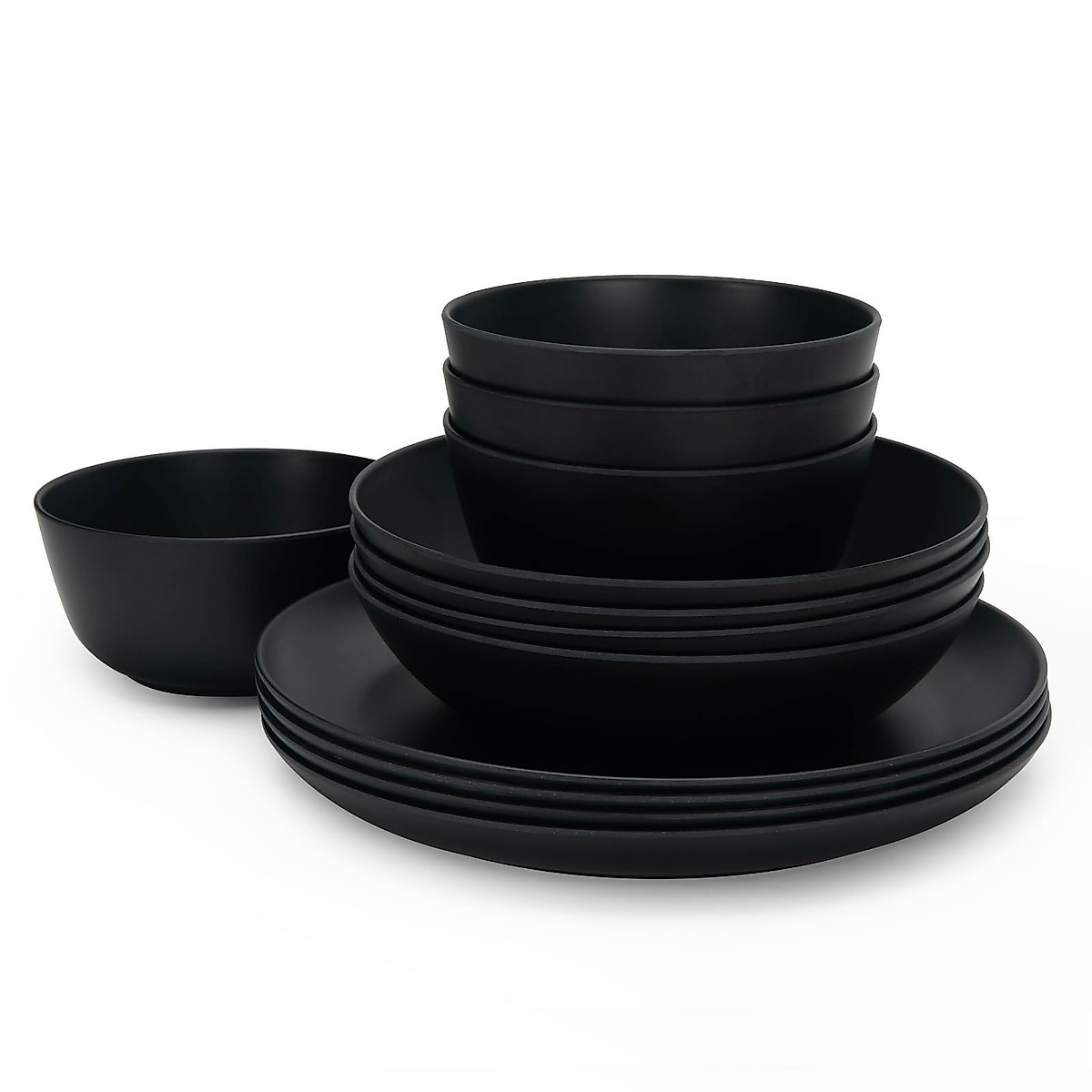 LEHAHA Bamboo Fiber Melamine Dinnerware Sets, Black Kitchen Plates and Bowls Sets, Unbreakable Dishes Set for 4, Eco-friendly Lightweight 12 Piece Dinnerware Sets for Parties & Camping