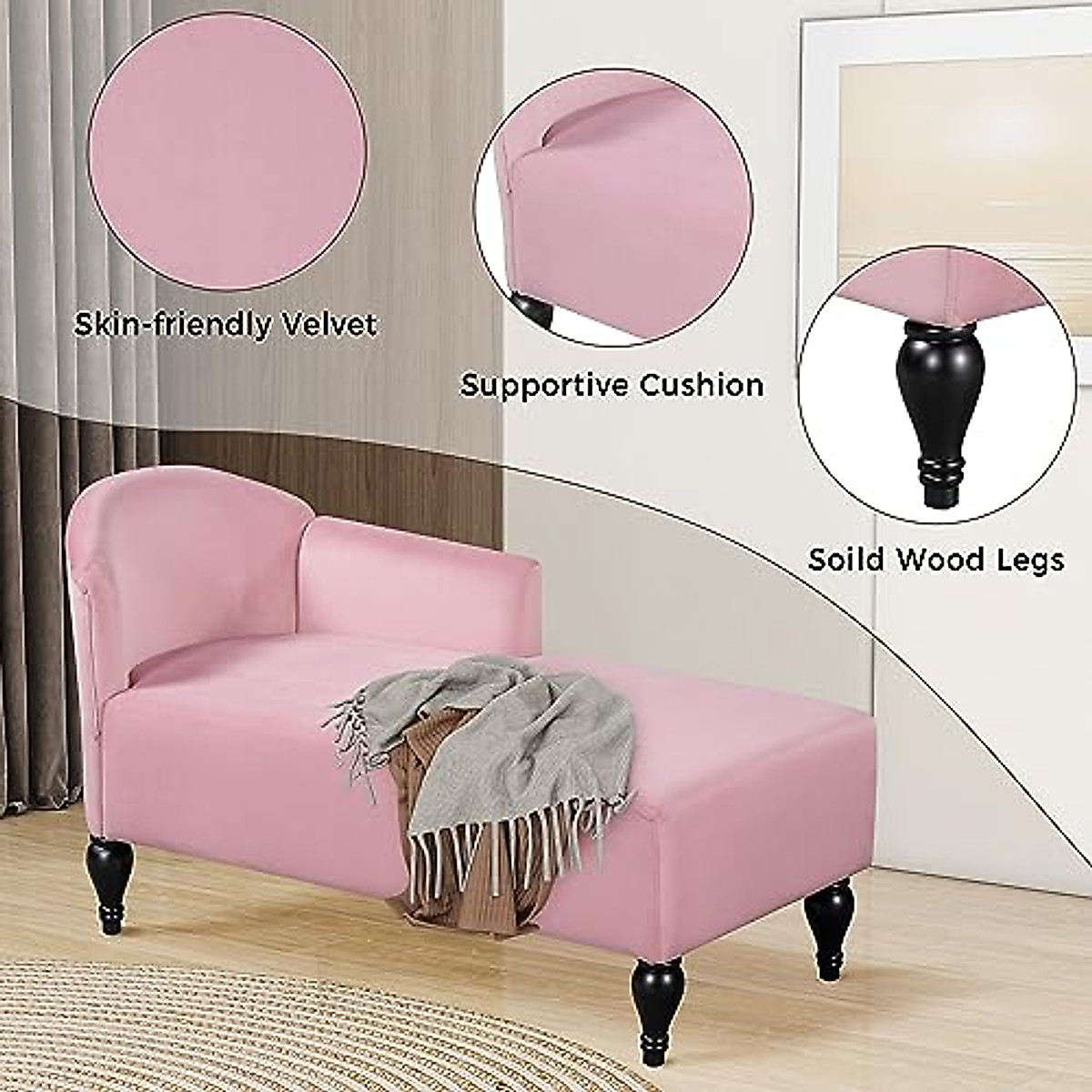 Bellemave Chaise Lounge Indoor, Velvet Upholstered Couch with Solid Wood Legs Corner Chair Arm Chase Lounge Sofa for Living Room, Office & Apartment (Pink)