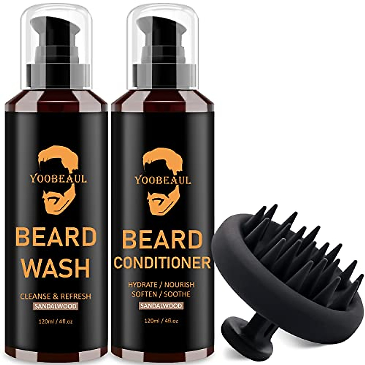 Beard Wash & Conditioner & Silicone Brush Professional Set w/Argan & Jojoba Oils - Softens & Strengthens, Shine, Reduce Beard Itchy, Dandruff & Frizz - Beard Shampoo w/Beard Oil 2 x 4 Fl Oz 120ML