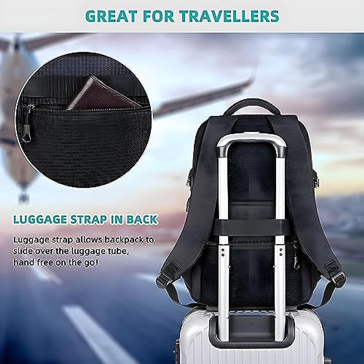 Laptop Backpack for Business Travel and College Study with Integrated USB Charging Port, Fits Laptops up to 15.6 Inch, Black, Anti-Theft, Great for Hiking, Waterproof, Scratch Resistant, Reinforced