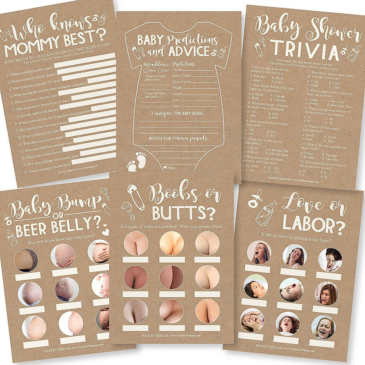 75 Rustic Who Knows Mommy Best, Baby Prediction and Advice Cards etc, 25 True Or False, Word Scramble For Baby Shower Ideas - 8 Double Sided Cards Baby Shower Games Funny, Baby Shower Party Supplies