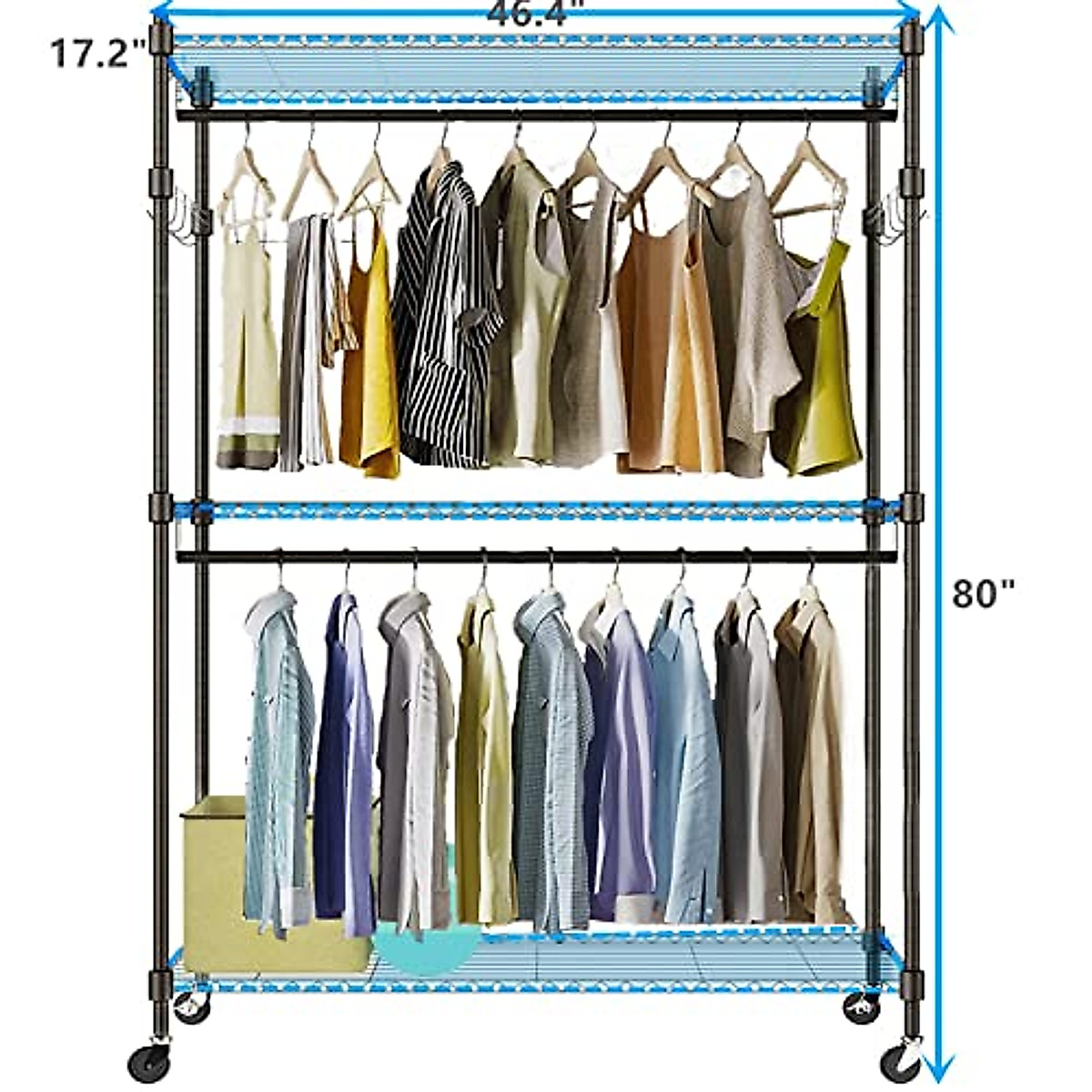 Himimi Heavy Duty Rolling Garment Rack 3 Tier Wire Shelving Clothes Rack for Clothing,Storage with Double Rods,Lockable Wheels and Side Hooks,Freestanding Metal Wardrobe Storage Rack,Black