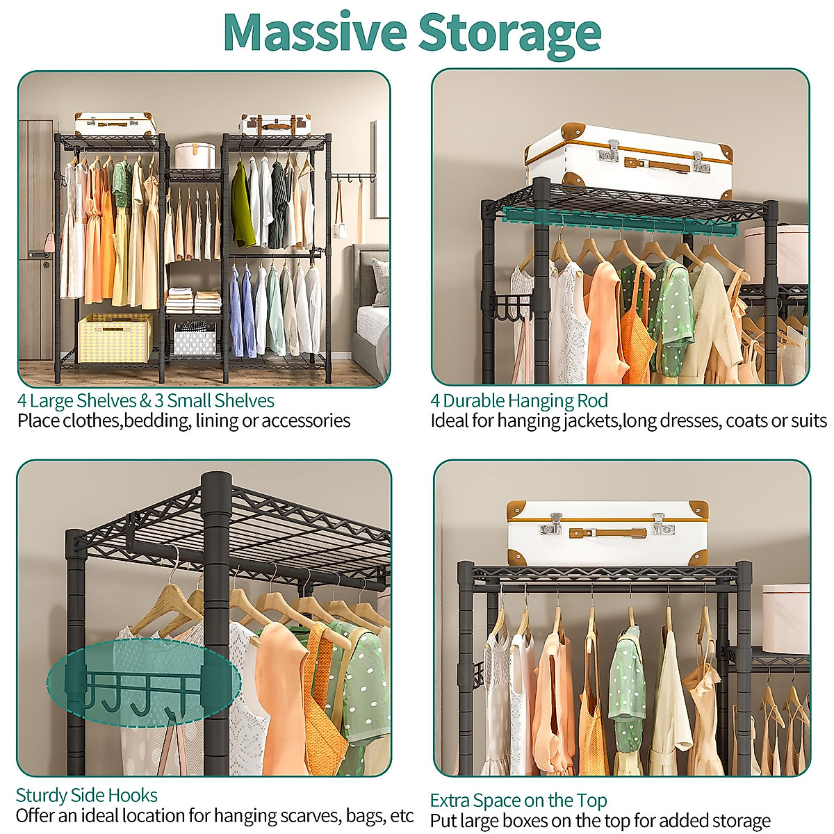 Exglobol Heavy Duty Garment Rack, Portable Wardrobe Clothes Rack Freestanding Adjustable Clothing Rack with 7 Tiers Adjustable Wire Shelving and 4 Hanger Rods, Black