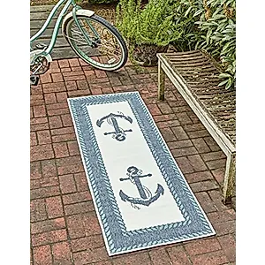 Unique Loom Outdoor Coastal Collection Abstract, Anchor, Vintage, Contemporary, Border, Ropes Area Rug (2' 0 x 8' 0 Runner, Navy Blue/Ivory)