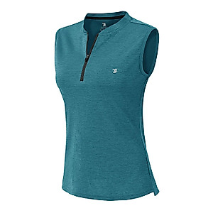 YSENTO Women's Dry Fit Tennis Golf Shirts 1/4 Zip Sleeveless Collarless UPF 50+ Yoga Gym Workout Tops Shirts Dark Blue Size XL
