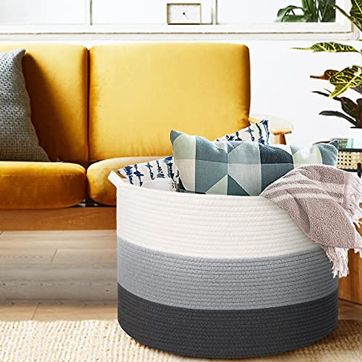 MXMHOME Extra Large Blanket Basket - Blanket Basket Living Room, Woven Baskets for Storage, Kids Toy Basket, Soft Throw Blanket Storage Basket, Rope Baskets for Organizing(23.6”x 23.6”x 14.1”)