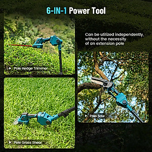Seesii 6-in-1 Cordless Pole Saw and Pole Hedge Trimmer Grass Shears Combo Kit, Electric Mini Chainsaw with 2*4.0 Ah Batteries, Extension Tree Prunner, Bush Trimmer Limb Branch Cutter, 16ft Long Reach