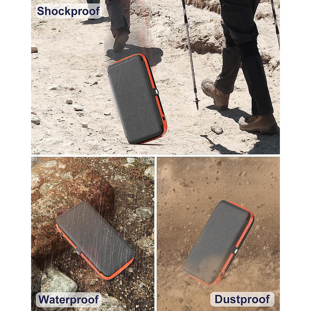 CONXWAN Solar Charger 27000mAh Power Bank with 4 Solar Panels & 3 USB Outputs, 3A Fast Charging Portable Charger USB C External Battery Pack Compatible with Smartphones Tablets