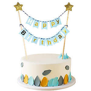 Kawailay 1st Boy Birthday Cake Topper Set Glitter Happy Birthday Cake Banner Flag First Birthday Cake Topper with Hot Air Balloon Clouds Stars for Baby Shower Boy s Birthday Party Supplies - Blue