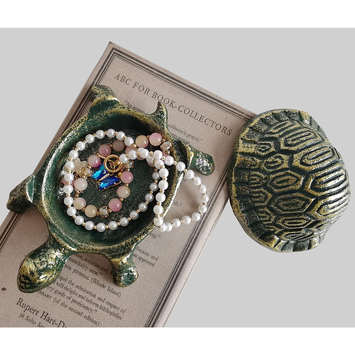 BSTWISH Cast Iron Turtle Key Hider - Spare Key Holder - Garden Decoration Turtle, Jewelry Trinkets Box for Key, Ear Studs, Ring, Paper Clip (Antique Green)