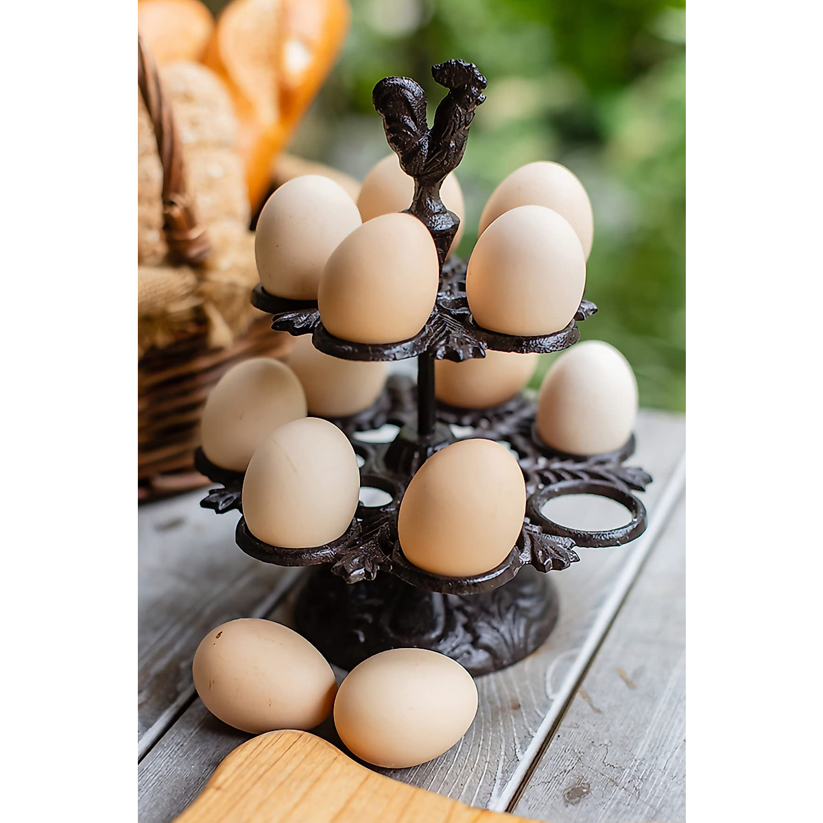 Vixdonos Rustic Egg Holder Iron Egg Rack Rooster Egg Tray for 12 Fresh Eggs
