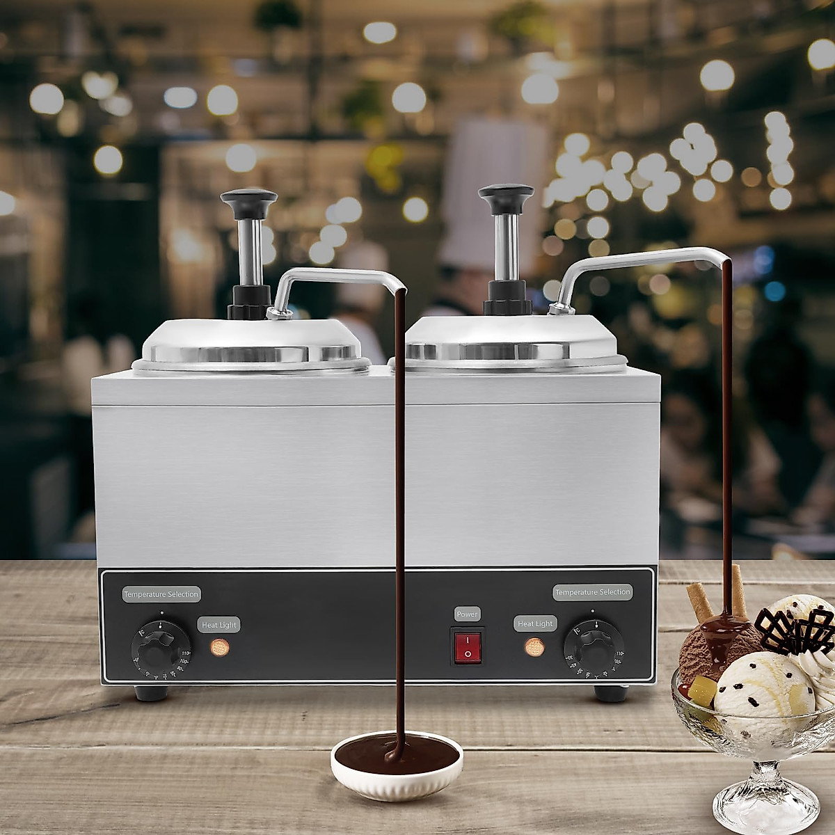 Gworobie 700W Electric Cheese Dispenser with Pump, 4.23 Qt Commercial Hot Fudge Warmer Sauce Dispenser Machine, 32-230℉ Temp Adjustable Cheese Nacho Sauce Warmer, for Hot Fudge Cheese Caramel