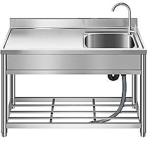 Free Standing Stainless-Steel Single Bowl, Commercial Restaurant Kitchen Sink Set w/Faucet & Drainboard, Prep & Utility Washing Hand Basin w/Workbench & Storage Shelves Indoor Outdoor (47in)