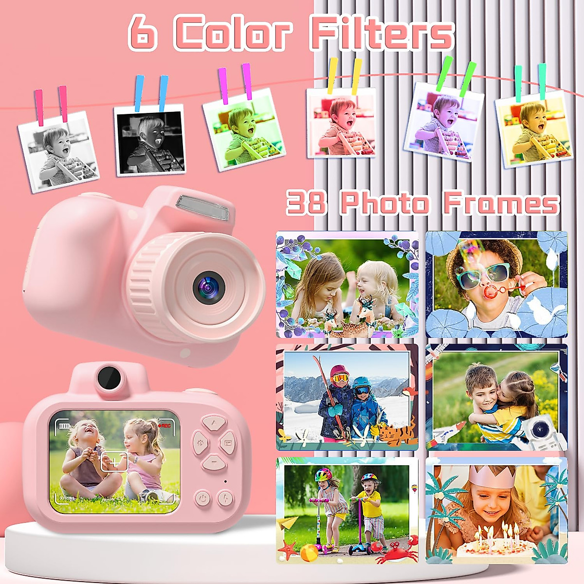 Temodu Kids Camera, Best Birthday Festival Toys Gifts for Girls Boys Age 3 4 5 6 7 8 9 10 11 12 Year Old, Digital Camera for Kids with Video, Toy Camera Toddler Camera for Girls with 32GB Card - Pink