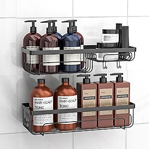 Quapkatt Adhesive Shower Caddy, SUS304 Stainless Steel Shower Organizer 2 Pack - Bathroom Organizers and Storage With 4 Hook, Large Capacity Shelf Basket Accessories for Bathroom & Kitchen (Black)