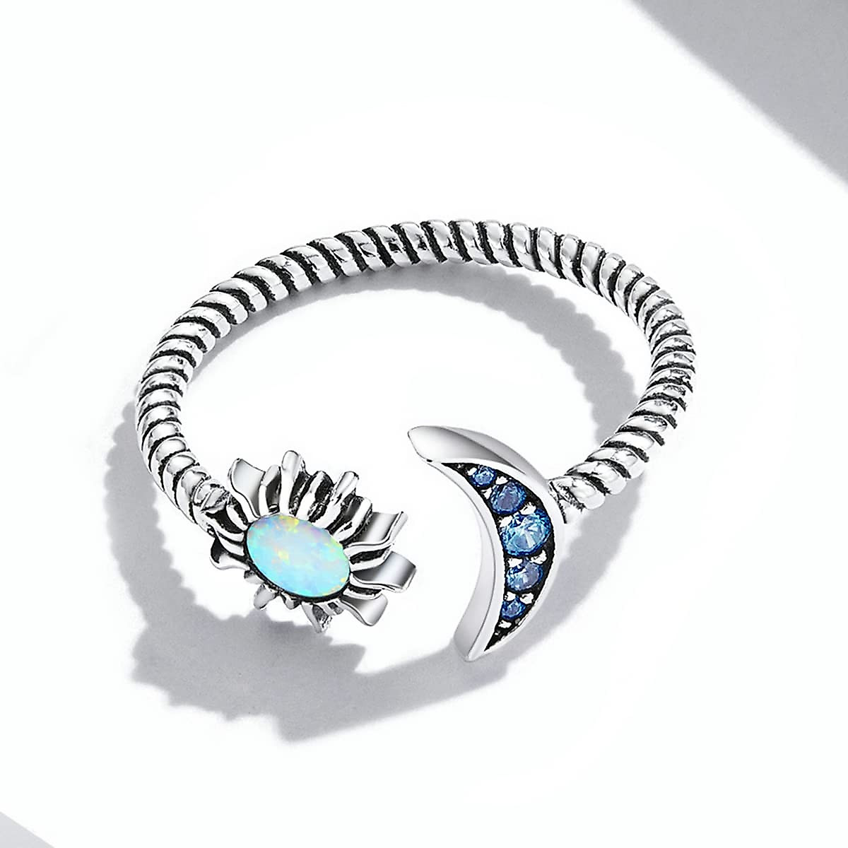 MUNDELL 925 Sterling Silver Big Opal Star and Moon Open Ring for Women Vintage Twisted Adjustable Stackable Ring Dazzling Statement Ring Fine Jewelry