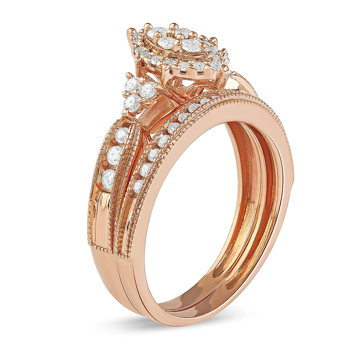 DZON Sterling Silver with Roe Gold Plating 1/2CT TDW Round Diamond Marquise-framed Halo Wedding Engagement Ring Set for Women(I-J,I2)