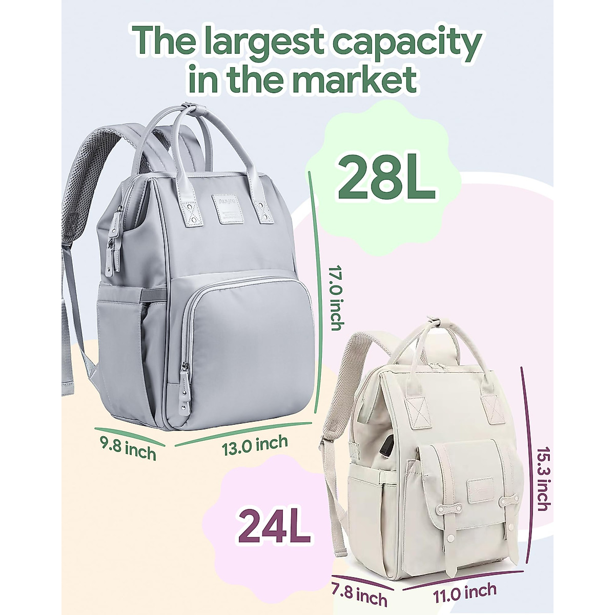 AUYRE Diaper Bag Backpack Large Diaper Bag Travel Backpack with Insulated Pockets & Stroller Straps Baby Shower Gifts Large Capacity, Waterproof, Grey