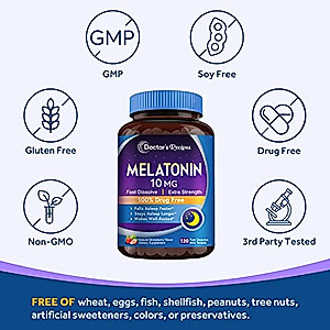 Doctor‘s Recipes Melatonin 10 mg Fast Dissolve 120 Tablets, Natural Sleep Support, Promote Relaxation & Calmness, Non-GMO, Natural Strawberry Flavor, No Water Needed