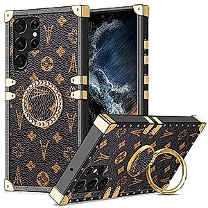 WOLLONY for Galaxy S22 Ultra Square Leather Case with Kickstand Ring Stand Holder Luxury Retro Case for Women Girls Metal Edges Shockproof Protective Cover for Samsung Galaxy S22 Ultra 6.8'' Brown