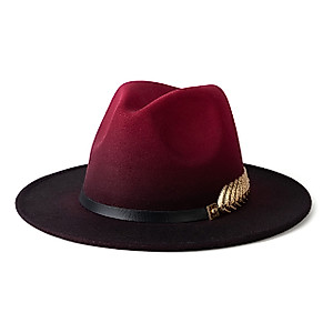 Gossifan Women Gradient Color Fedora Wide Brim Felt Panama Hat with Belt Buckle Burgundy/Black