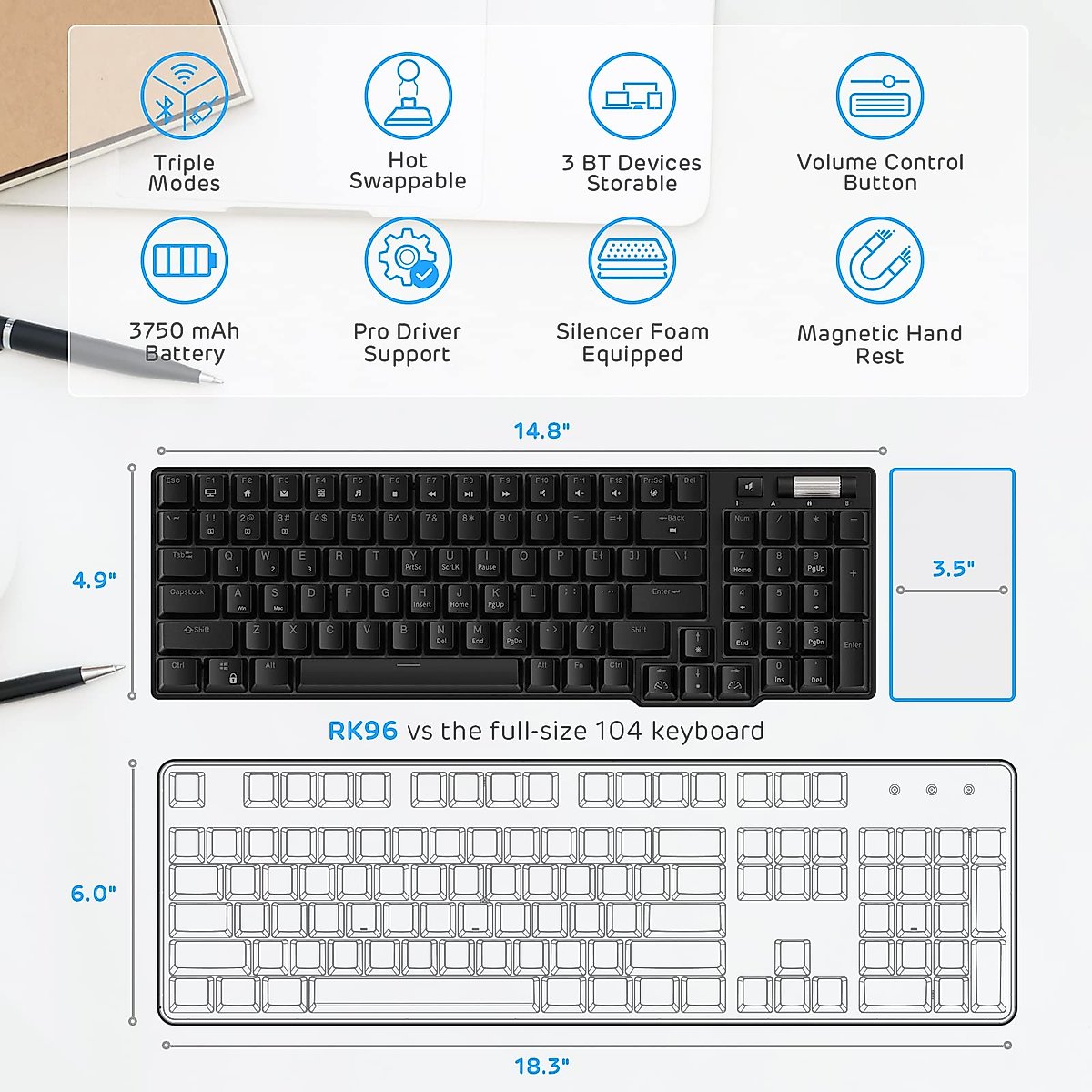 RK ROYAL KLUDGE RK96 90% Triple Mode BT5.0/2.4G/USB-C Hot Swappable Mechanical Keyboard with Magnetic Wrist Rest, 96 Keys Wireless Gaming Keyboard with Software, Blue Backlight