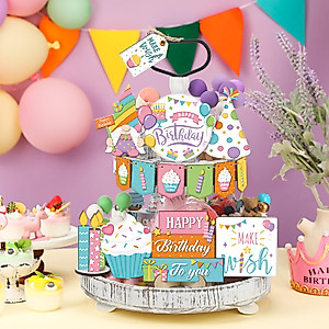 14 Pieces Birthday Tiered Tray Decor Farmhouse Happy Birthday Desk Decorations Wooden Wishes Cupcake Decor Table Sign for Party Supplies