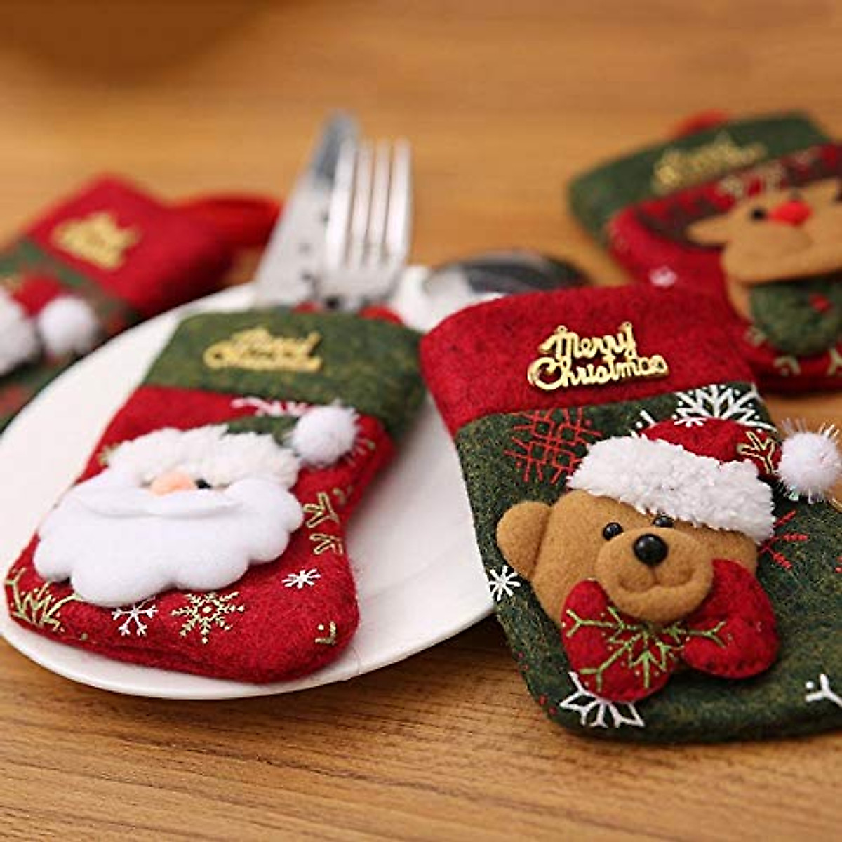 4 Pack of Christmas Cutlery Set, Snowman Santa Moose Knife and Fork Bag Cover Flatware Silverware Holders Xmas New Year Party Table Decoration Ornaments Socks