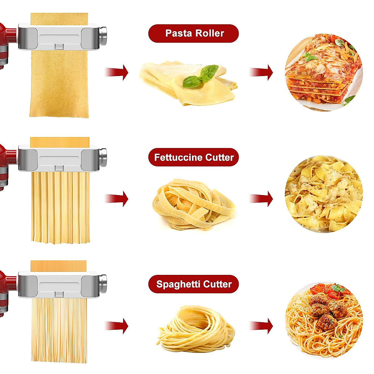 Metal Pasta Maker Attachment 3 in 1 Pasta Roller & Cutters Set for All KitchenAid Stand Mixers Included Pasta Sheet Roller, Spaghetti Cutter, Fettuccine Cutter Maker Accessories and Cleaning Brush