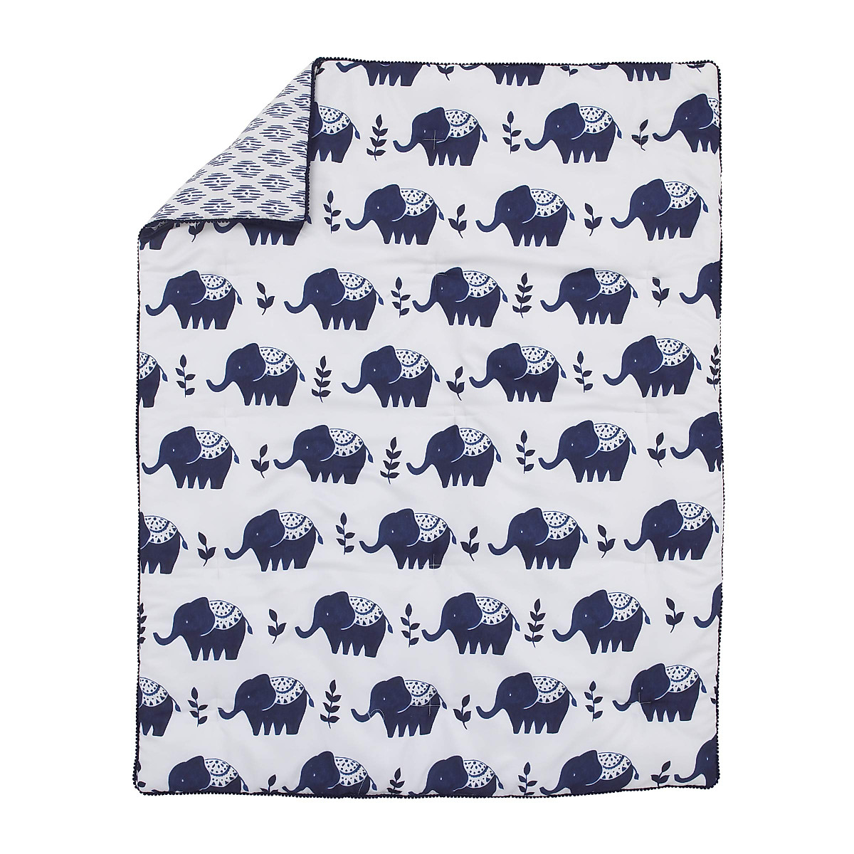 NoJo Indigo Hues Blue and White Elephant 4 Piece Nursery Crib Bedding Set - Comforter, 100% Cotton Fitted Crib Sheet, Dust Ruffle, Super Soft Baby Blanket