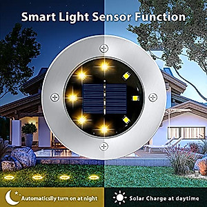 Solar Ground Lights - 12 Pack 8LED Solar Garden Lights Outdoor Waterproof Sidewalk Disk Bright In-Ground Landscape Lighting for Lawn Patio Pathway Yard Steps Deck Walkway Light (Warm White) (12 Packs)